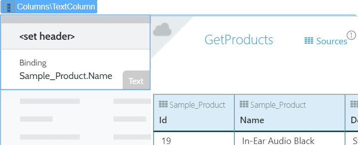 The sample grid has just one text column and the Binding parameter was filled with "Sample ...