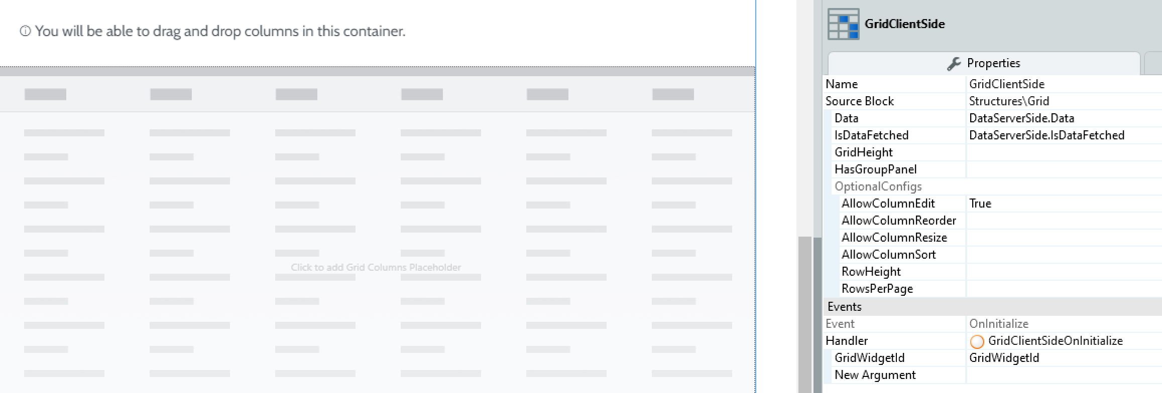 Start by creating a handler for the OnInitialize event of the Grid block. This allows you to set ...