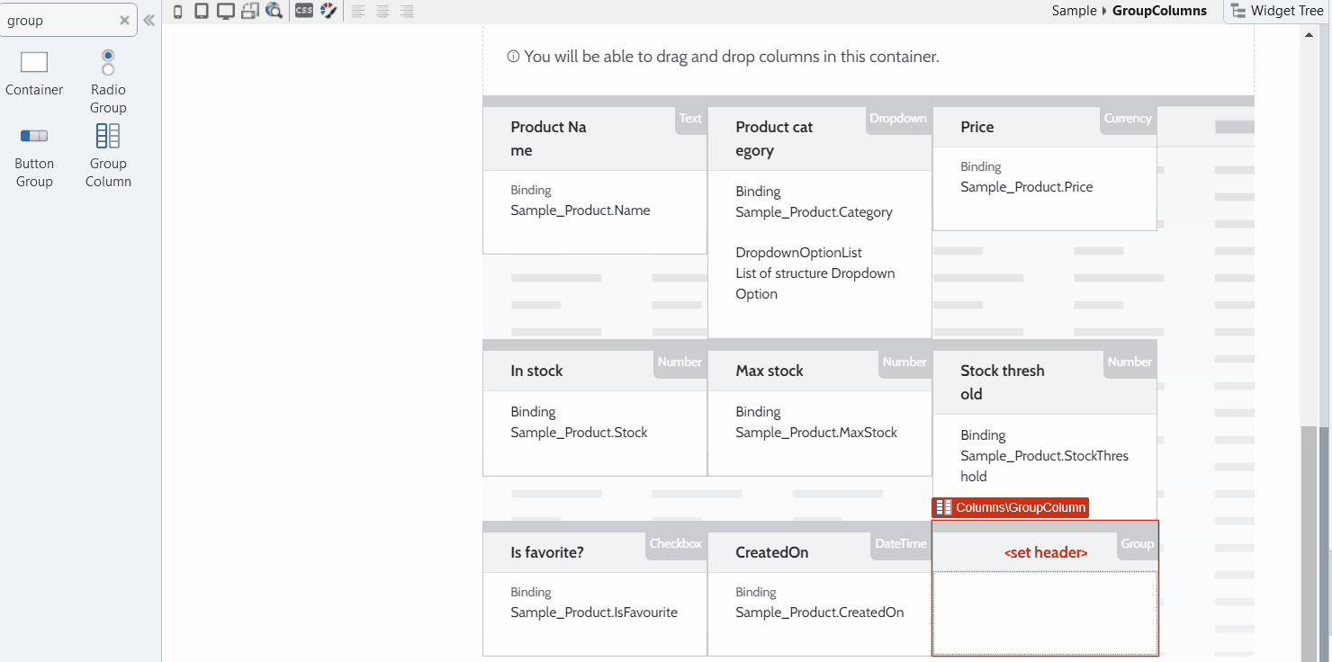 2. Drag-and-drop the three stock columns inside the group block.